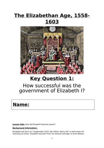 WJEC/EDUQAS: GCSE History - Elizabeth 1558-1603 Booklets | Teaching ...