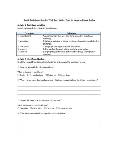 Letters from Yorkshire by Maura Dooley Worksheet | Teaching Resources