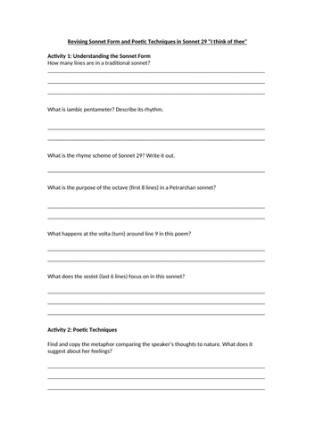 Sonnet 29 I Think of Thee, by Elizabeth Barrett Browning Worksheet ...