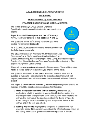 AQA GCSE English Literature - Frankenstein (Mary Shelley) - 6 Practice ...