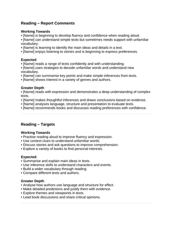 Year 4 Report Comments and Targets Bank – Aligned with the National ...