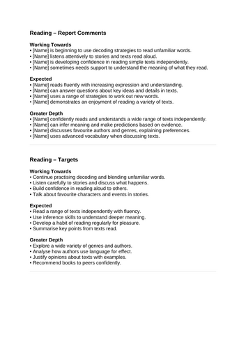Year 3 Report Comments and Targets Bank – Aligned with the National ...