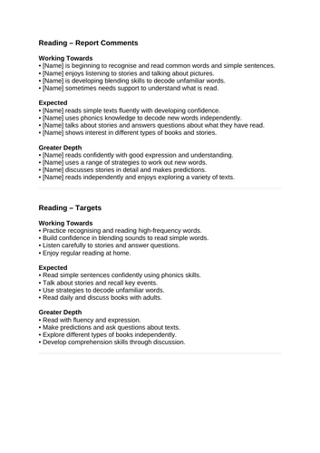 Year 1 Report Comments and Targets Bank – Aligned with the National ...