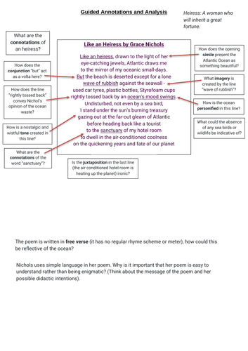 Like an Heiress (Grace Nichols) - Poetry Guided Annotation | Teaching ...