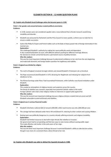 Edexcel GCSE History Elizabeth: 12-Mark Model Answers & Essay Plans (29 ...