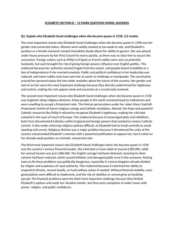 Edexcel GCSE History Elizabeth: 12-Mark Model Answers & Essay Plans (29 ...