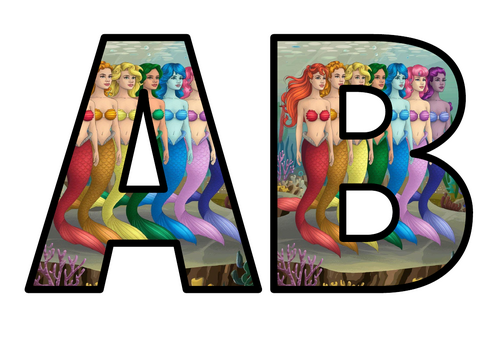 Colorful Mermaids Ocean Deep Sea Rainbow Lettering Set Display Title ...