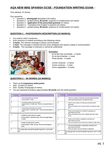 AQA GCSE Spanish 8692 Writing Prep Booklet – Foundation Tier (New Spec ...