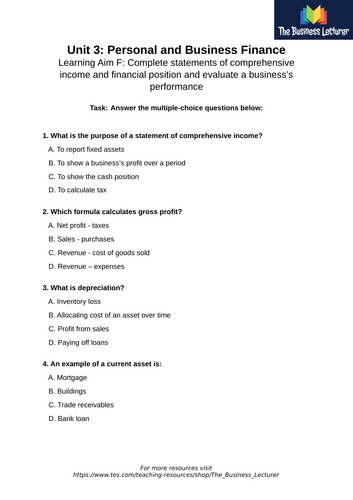 Unit 3: Personal & Business Finance – Multiple Choice Revision Quizzes ...