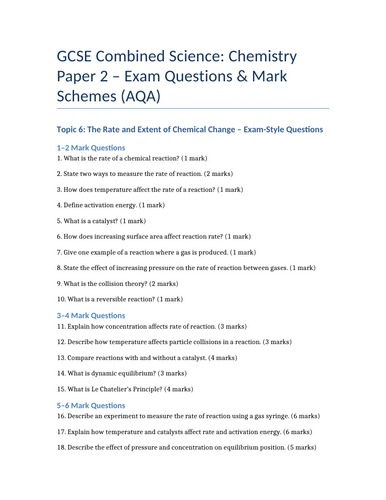 GCSE Chemistry Paper 2 Exam Questions & Mark Schemes | Teaching Resources