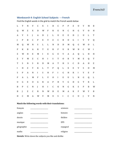 School Subjects in French Wordsearch/Translation | Teaching Resources