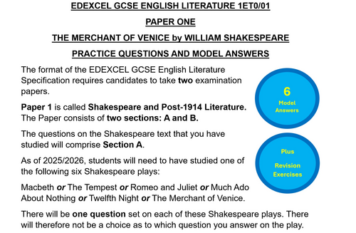 EDEXCEL GCSE English Literature - The Merchant of Venice - 6 Practice Q & A's - Student Handout ...