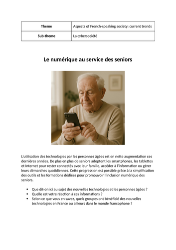 AQA A Level French stimulus card worksheet - Le numérique au service ...