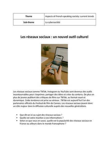 AQA A Level French stimulus card worksheet - Les réseaux sociaux: un ...