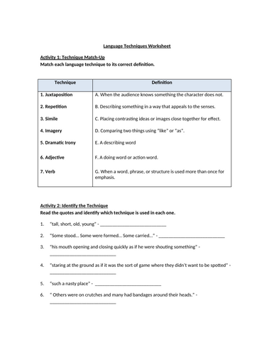 Boy in the Striped Pajamas - Language Techniques Worksheet Chapter 4 ...