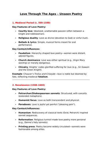 Love Through The Ages - Literary Eras - Unseen Poetry | Teaching Resources