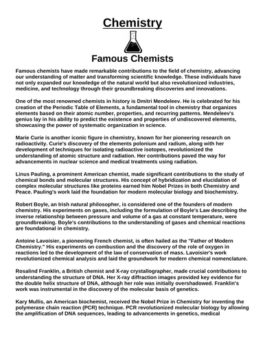 Chemistry: Famous Chemists “Article & Questions” Assignment | Teaching ...