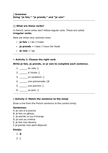 Je fais, je prends, je vais – Irregular Verbs | Teaching Resources