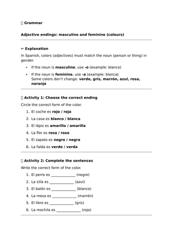 Viva 1 - Module 1 - ¿Tienes mascotas? - Grammar - Adjective endings ...