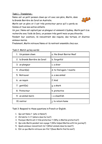 Le monde de Nemo - French worksheet | Teaching Resources