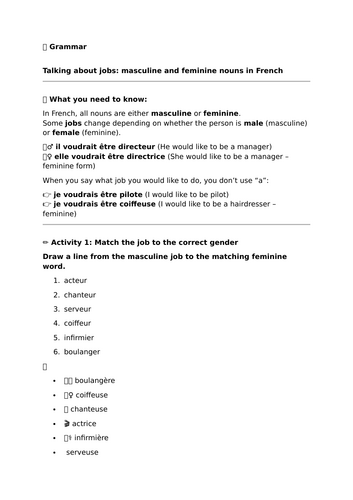 Talking About Jobs (Masculine and Feminine Nouns) | Teaching Resources