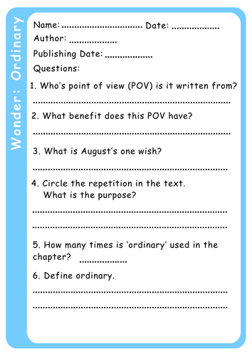 Wonder - Ordinary Chapter Comprehension | Teaching Resources