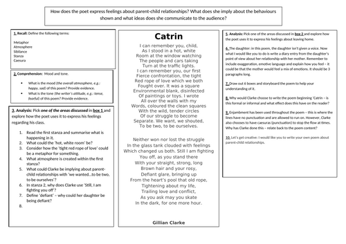 KS3/4 Introduction to Catrin Poetry Analysis Task Worksheet | Teaching ...