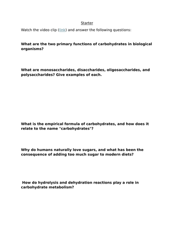 B1.1 Carbohydrates and Lipids | Teaching Resources