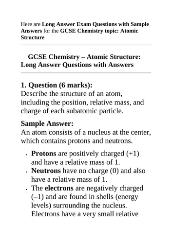 AQA - GCSE CHEMISTRY ATOMIC STRUCTURE | Teaching Resources