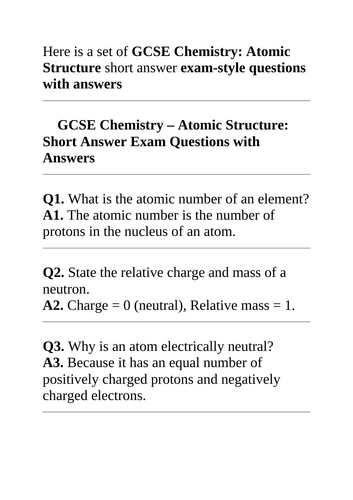 AQA - GCSE CHEMISTRY ATOMIC STRUCTURE | Teaching Resources