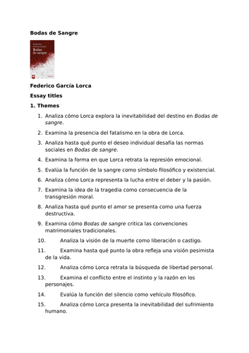 Bodas de sangre by Federico García Lorca – Essay Questions | Teaching ...