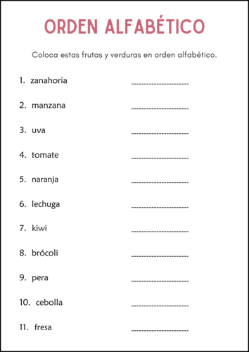 Orden Alfabético - Alphabetical Order Worksheets in Spanish - ABC ...