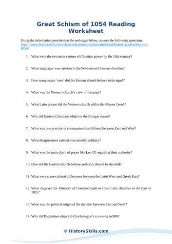 Great Schism of 1054 Reading Comprehension Worksheet | Teaching Resources