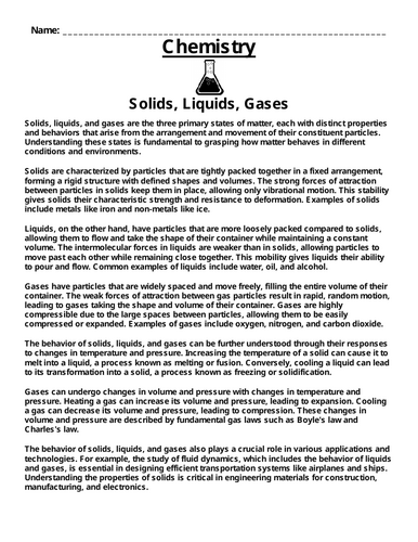 Chemistry: Solids, Liquids, Gases “Article & Questions” Assignment | Teaching Resources