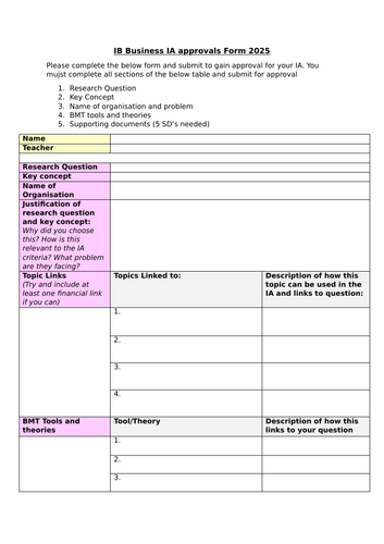 IB Business Management IA Approval form | Teaching Resources