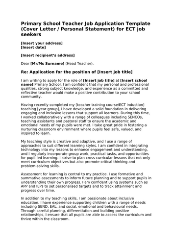 Editable Cover Letter Template for Primary School Teacher Job ...