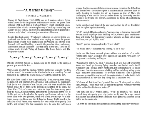 A Martian Odyssey by Stanley G. Weinbaum w/ Reading Comprehension ...