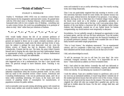 Brink of Infinity by Stanley G. Weinbaum w/ Reading Comprehension ...