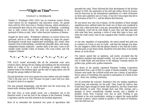 Flight on Titan by Stanley G. Weinbaum w/ Reading Comprehension ...