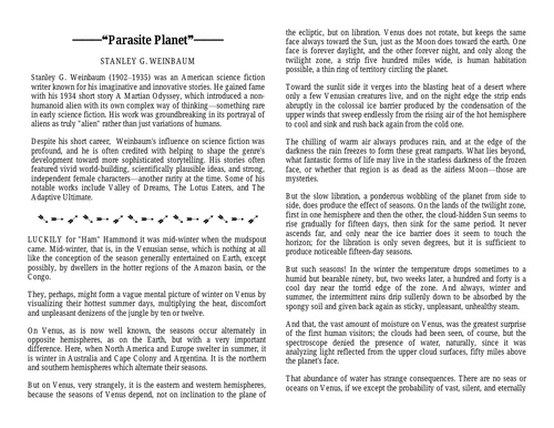 Parasite Planet by Stanley G. Weinbaum with Reading Comprehension Questions | Teaching Resources