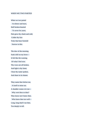iGCSE ENGLISH LITERATURE poetry analysis "When We Two Parted" by Lord ...