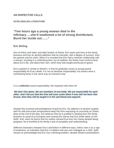 iGCSE/ GCSE ENGLISH LITERATURE "An Inspector Calls" the character of ...