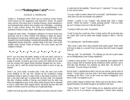 Redemption Cairn by Stanley G. Weinbaum w/ Reading Comprehension ...