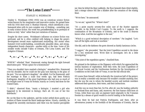 The Lotus Eaters by Stanley G. Weinbaum w/ Reading Comprehension ...