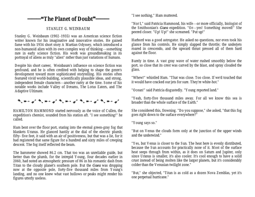 The Planet of Doubt by Stanley G. Weinbaum w/ Reading Comprehension ...