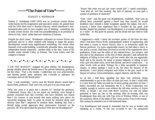 The Point of View by Stanley G. Weinbaum w/ Reading Comprehension ...