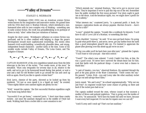 Valley of Dreams by Stanley G. Weinbaum w/ Reading Comprehension ...