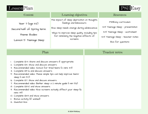 4.1.5 Teenage Sleep Lesson Pack | Teaching Resources