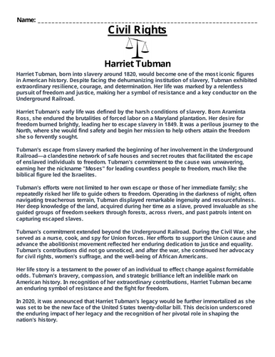 Civil Rights: Harriet Tubman “Article & Questions” Assignment ...