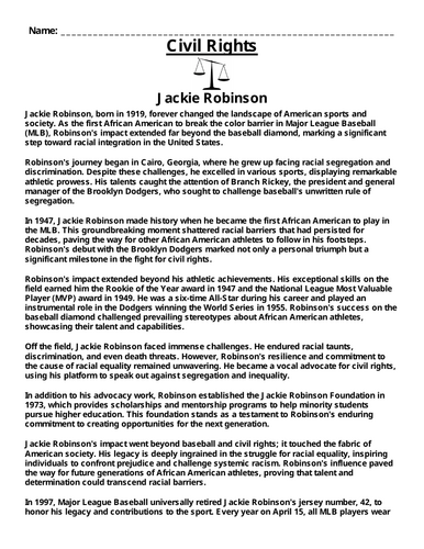 Civil Rights: Jackie Robinson “Article & Questions” Assignment ...